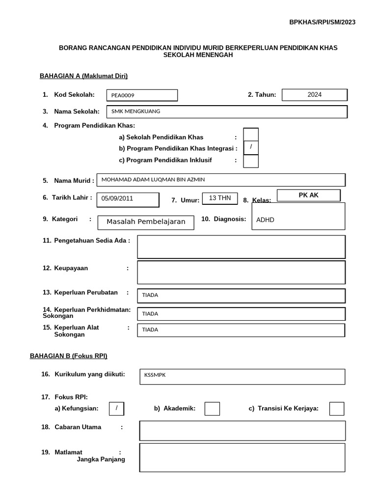 Borang RPI Adam Luqman | PDF