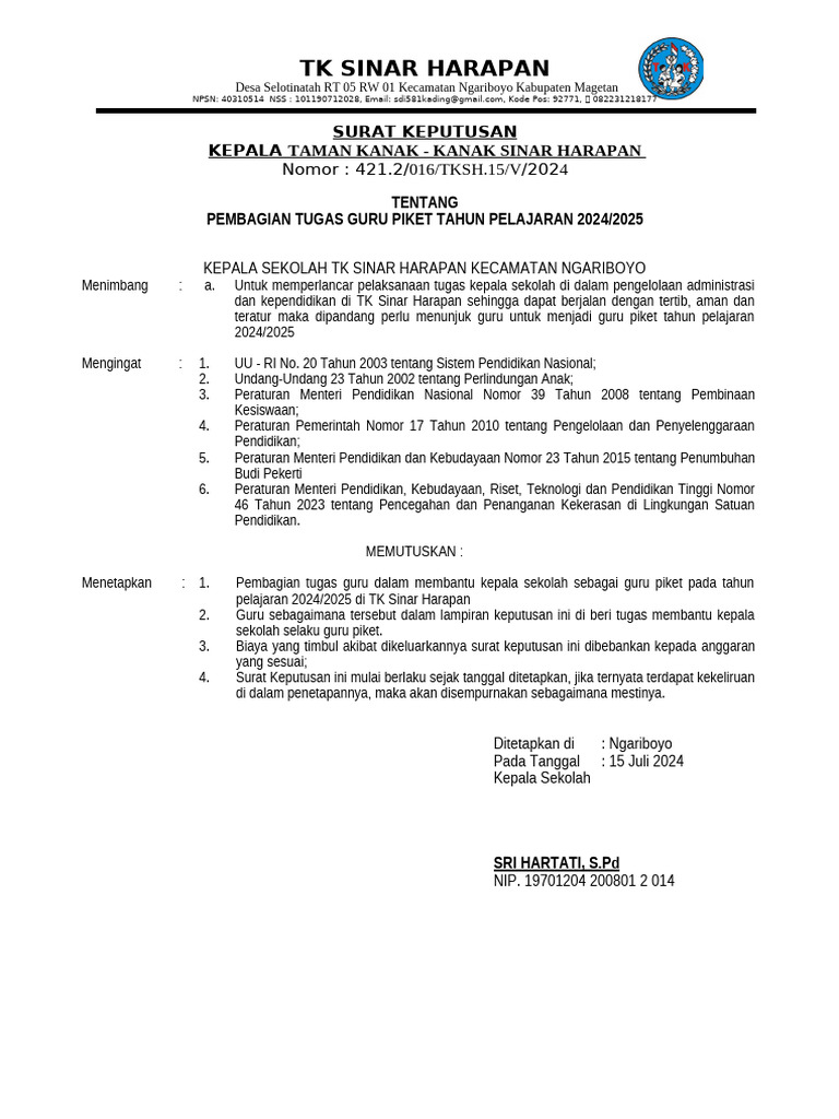 SK Guru Piket - TK Sinar Harapan | PDF
