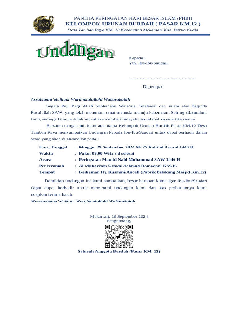 Undangan Phbi Maulid Nabi Muhammad Saw 1446 H Kelompok Burdah Pasar KM ...