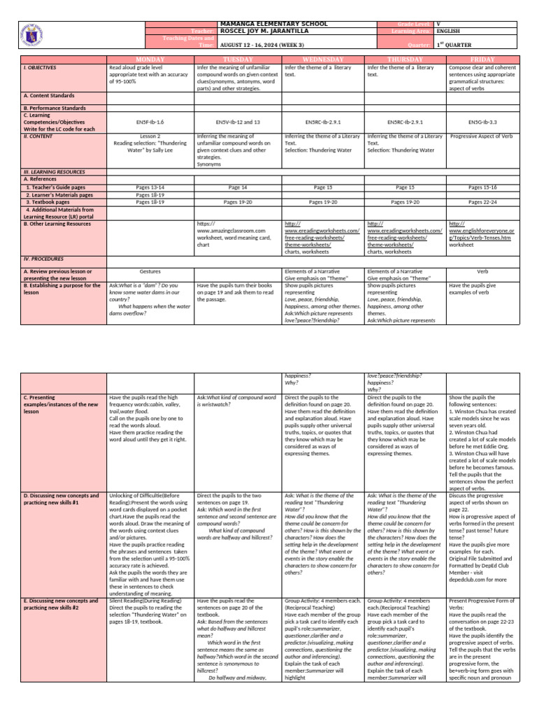 DLL - English 5 - Q1 - W3 | PDF
