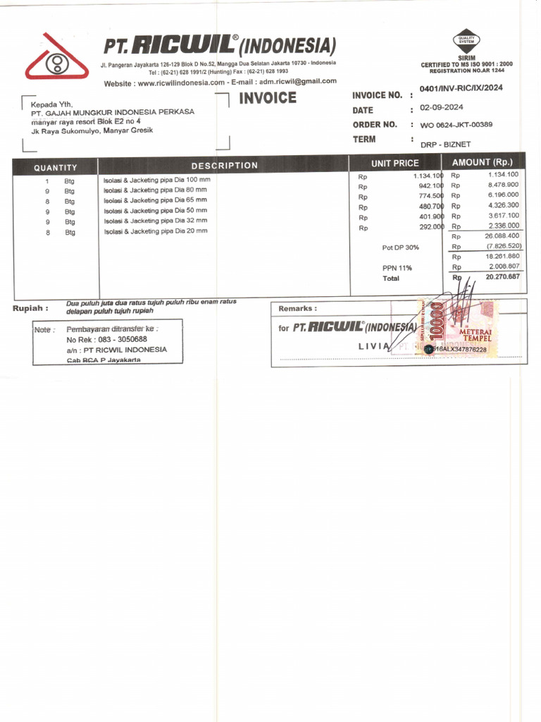 Inv PT Ricwil Indonesia 0401 04092024 1per3 | PDF