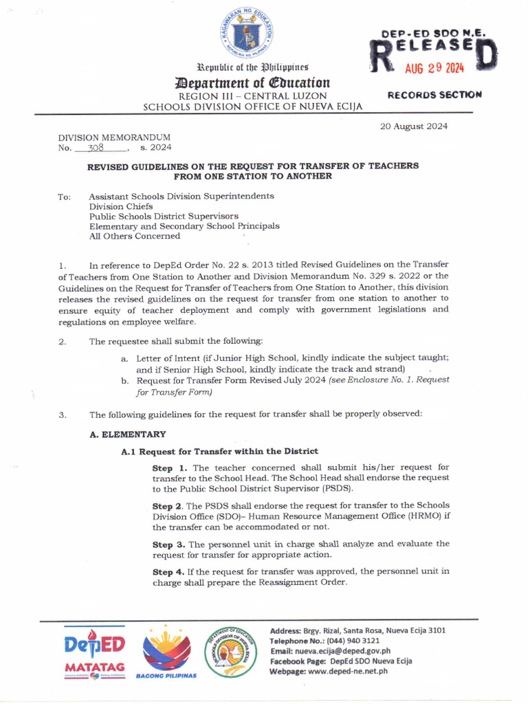 DM No. 308 S.2024revised Guidelines On The Request For Transfer of Teachers From One Sattion To ...