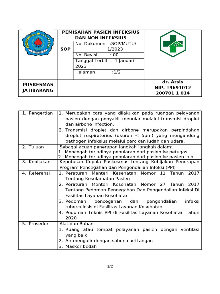 Sop Pemisahan Pasien Infeksius & Non Infeksius | PDF