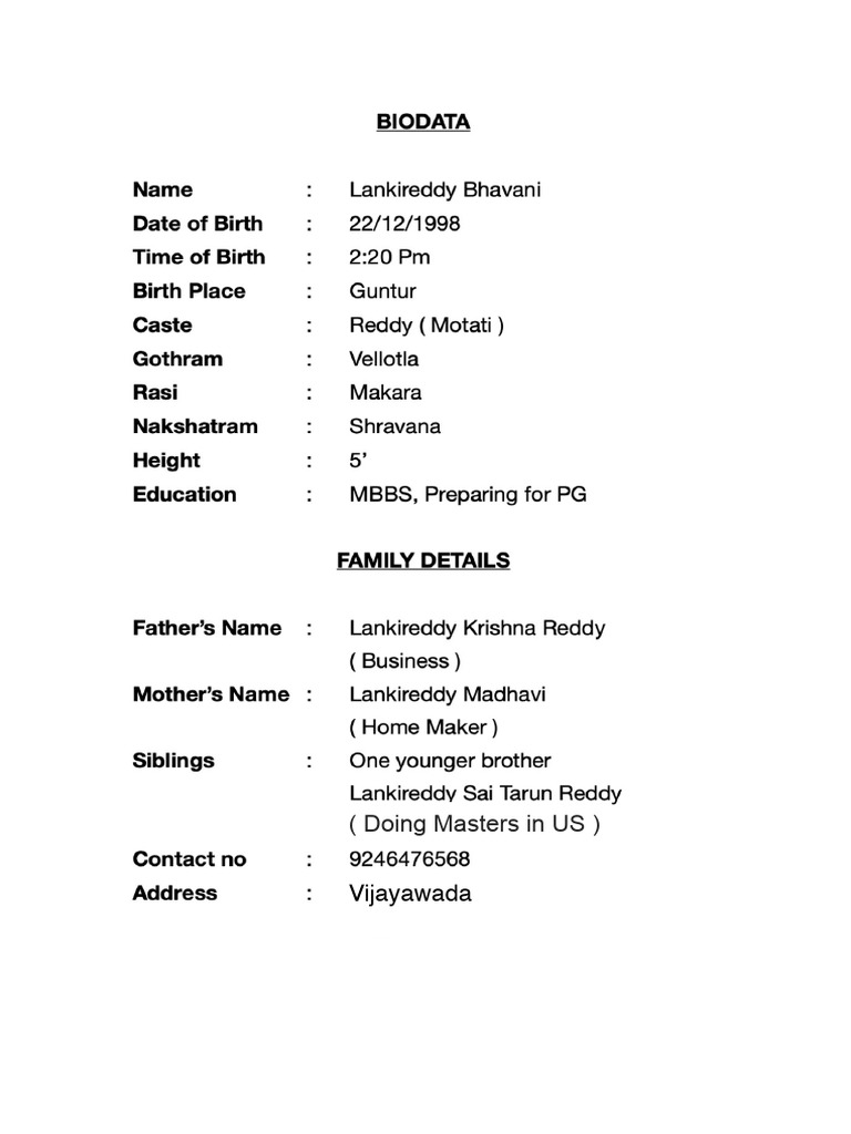Lankireddy Bhavani Bio Data 1 | PDF