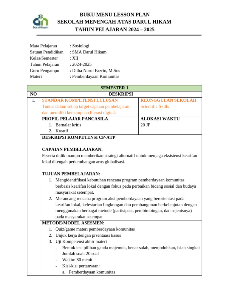 BUKU MENU LESSON PLAN Kelas XII Pemberdayaan Masyarakat | PDF