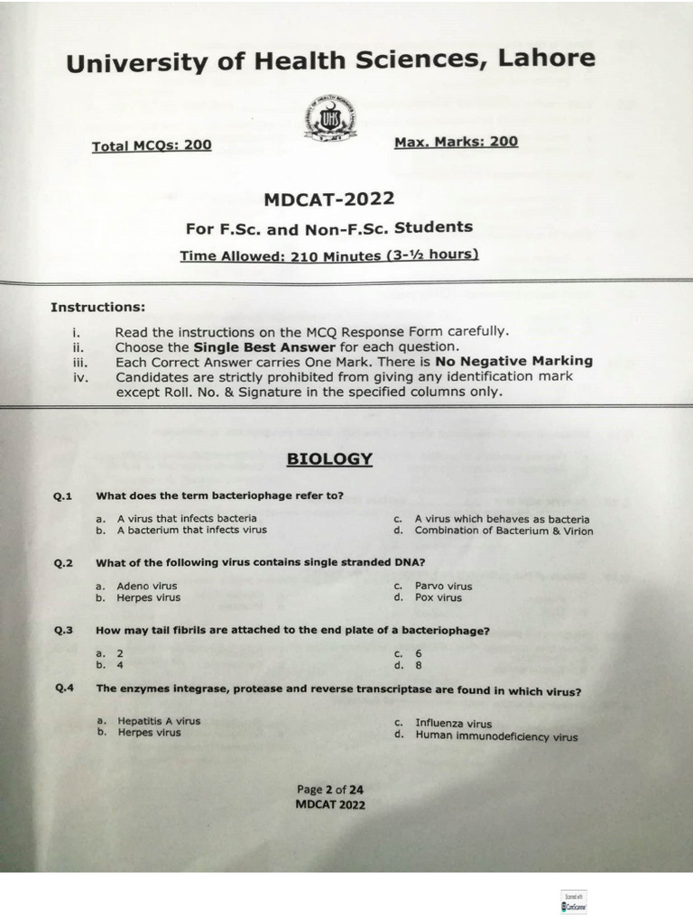 UHS Mdcat Paper 2022 | PDF