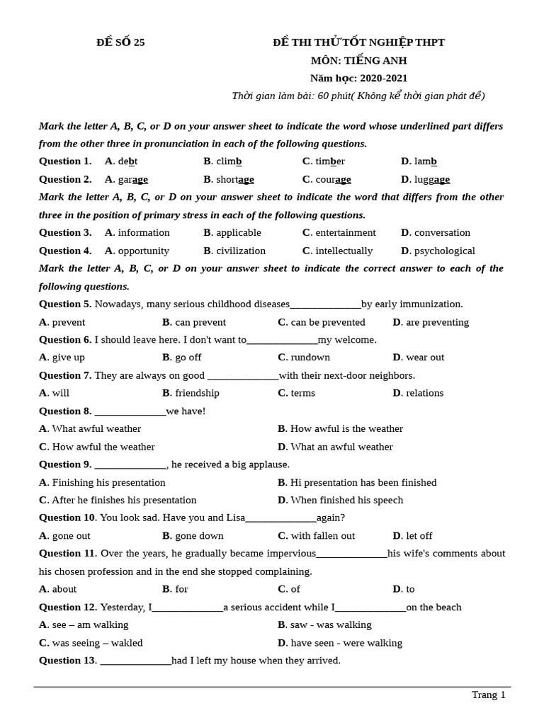 25. Đề thi thử TN THPT 2021 - Môn Tiếng Anh - Nhóm GV MGB - Đề 25 - File word có lời giải chi ...