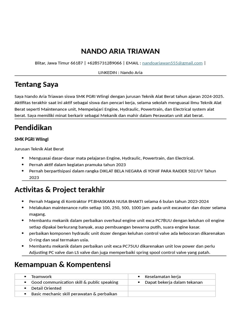 CV - Nando Aria Triawan | PDF