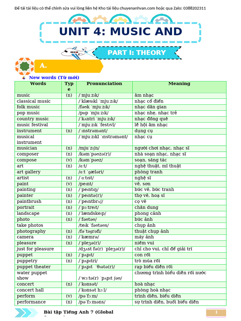 Bài tập anh 7 Global Trường Thành Unit 4 (HS) | PDF