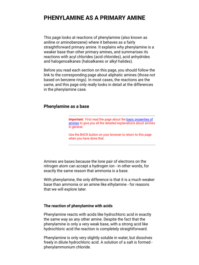 Phenylamine (Aniline) As An Amine | PDF