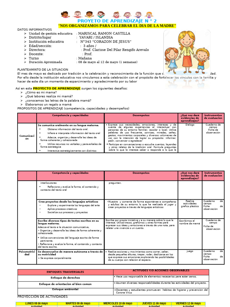 Proyecto de Aprendizaje "MI QUERIDA MAMITA" | PDF
