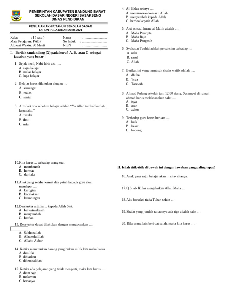 1.1. Master Soal Pat Pabp Kelas 1 SSK | PDF