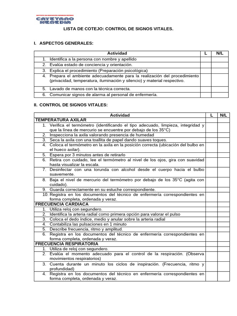 Lista de Cotejo de Signos Vitales | PDF