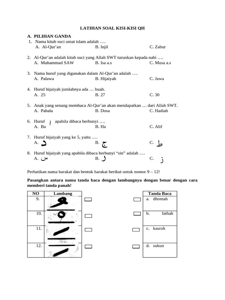 LATIHAN SOAL QH Kelas 1 | PDF