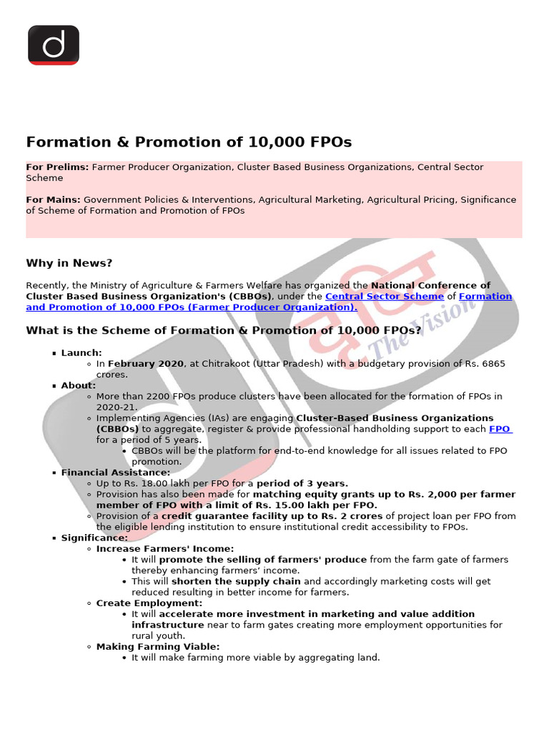 Formation & Promotion of 10,000 Fpos: Why in News? | PDF