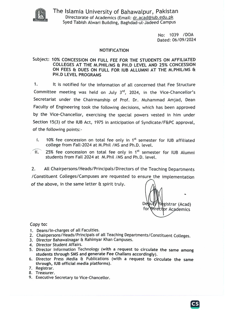 10% Fee Concession On Full Fee For Students of Affiliated Colleges and ...