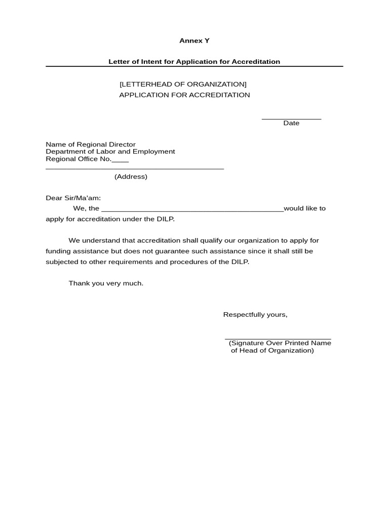 Annex Y - Letter of Intent For Application For Accreditation | PDF