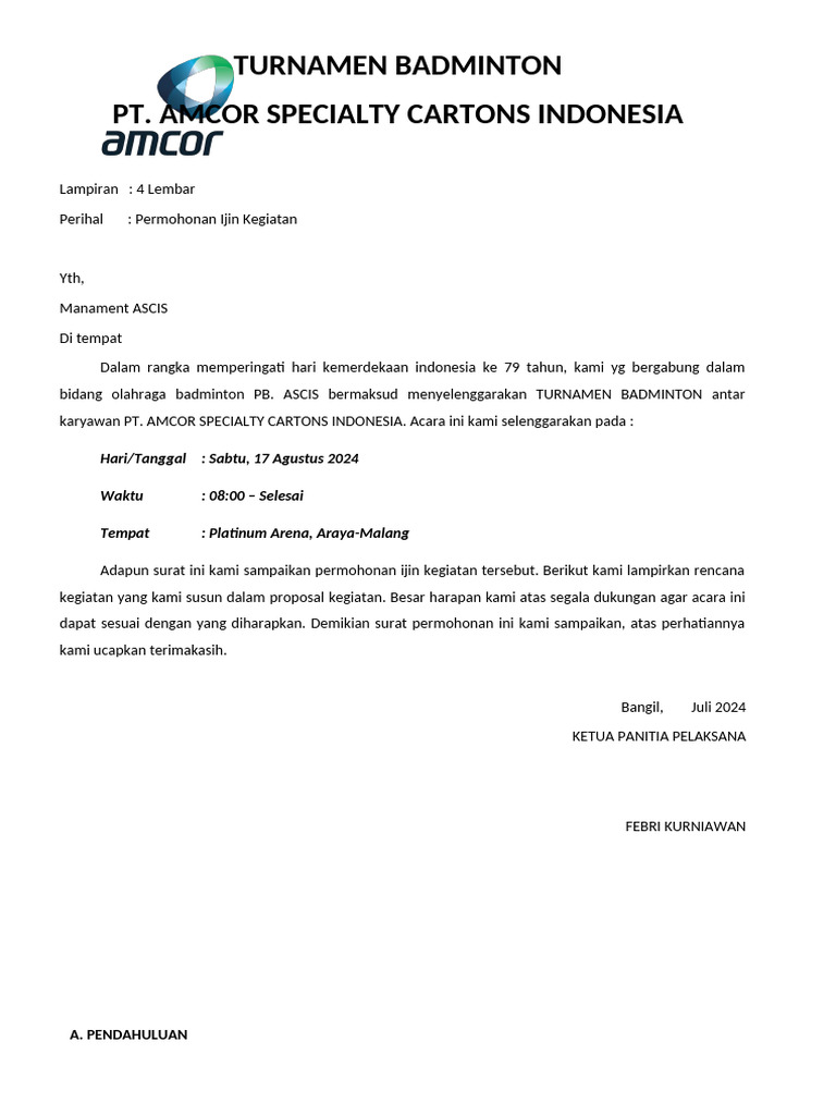 Proposal Turnamen Badminton ASCIS | PDF