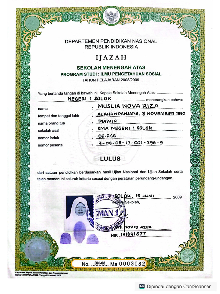 Ijazah SMA Nova Riza | PDF