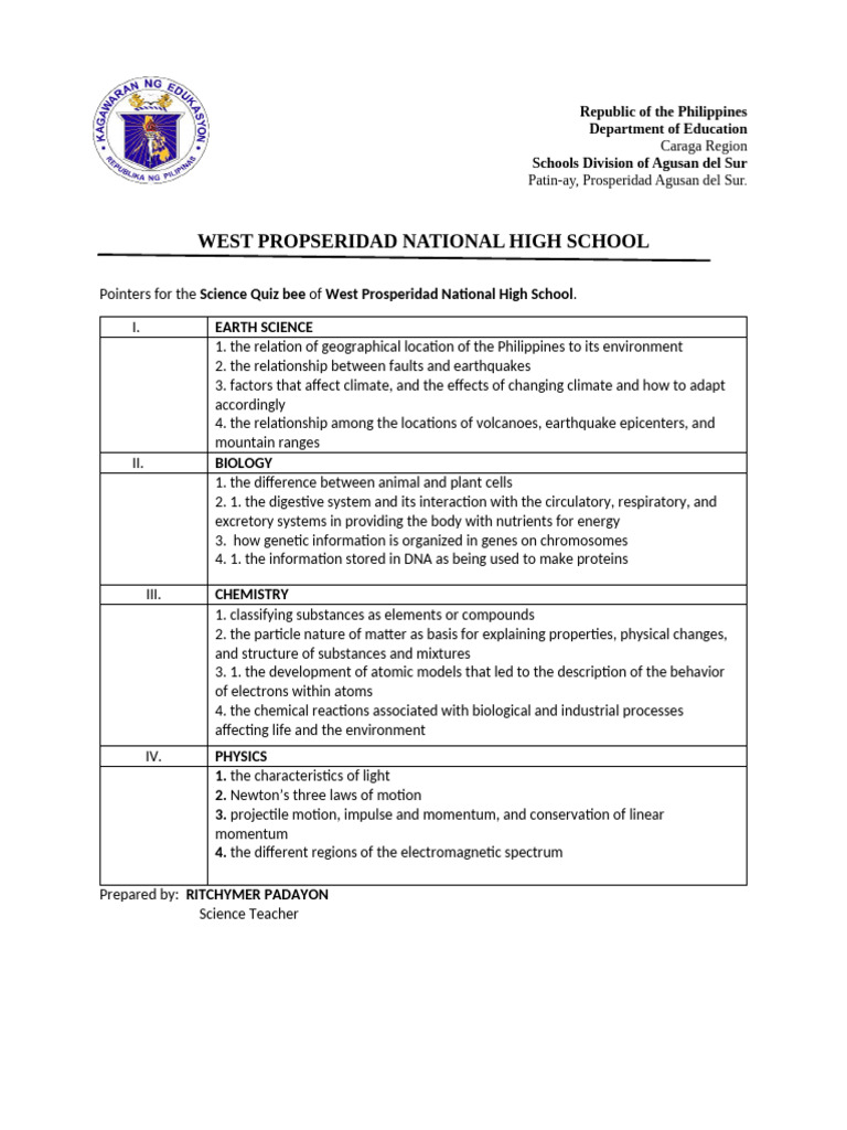 Pointers For Science Quiz Bee | PDF