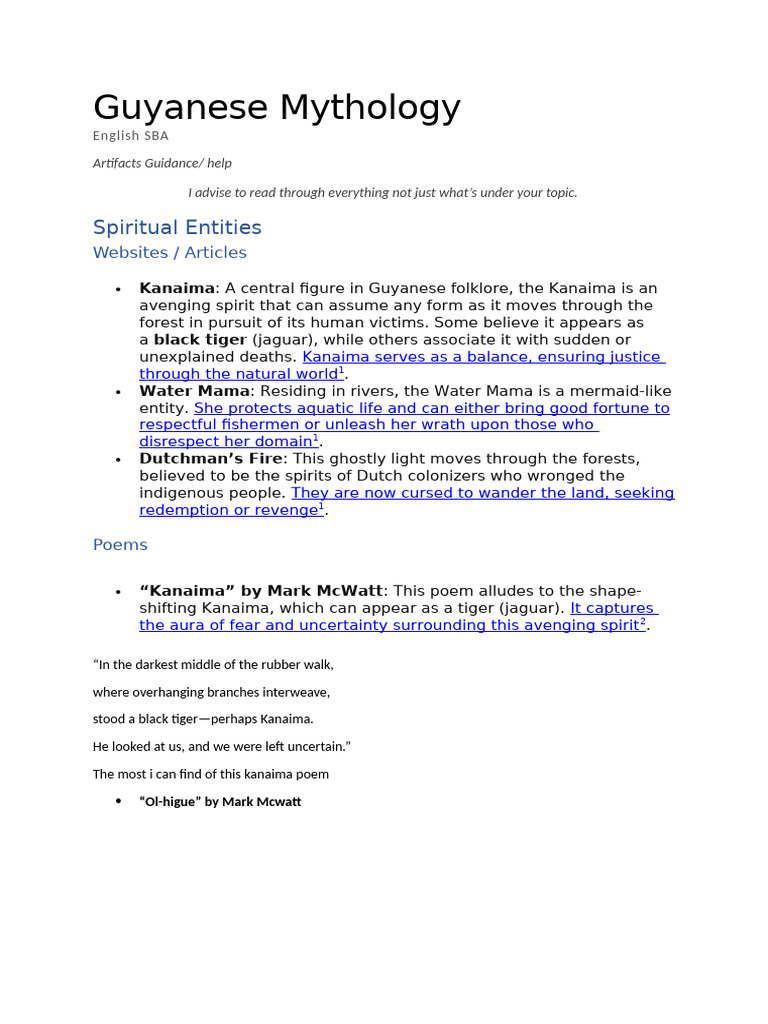 Artifacts-Guyanese Mythology-English SBA | PDF