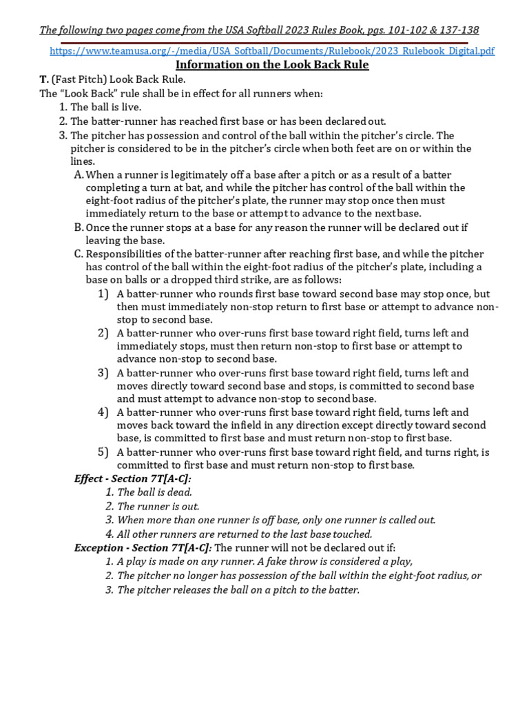 USA Softball Look Back Rule | PDF