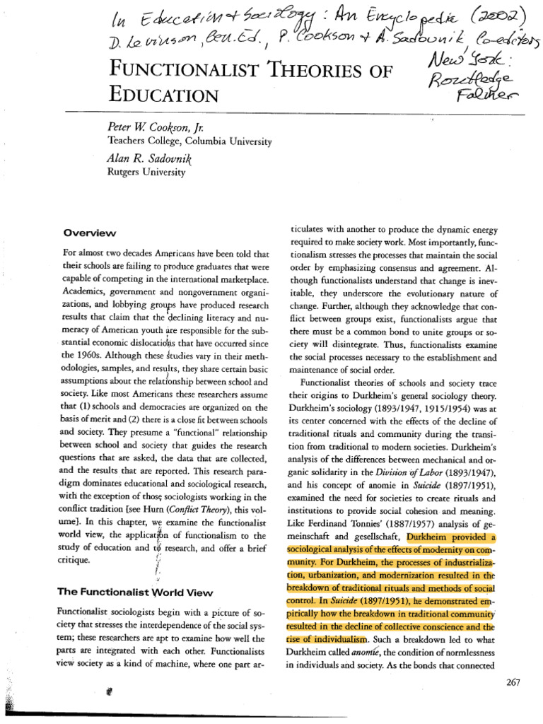 Cookson & Sadavnik 2002 - Functionalist Theories of Ed - 2002 | PDF