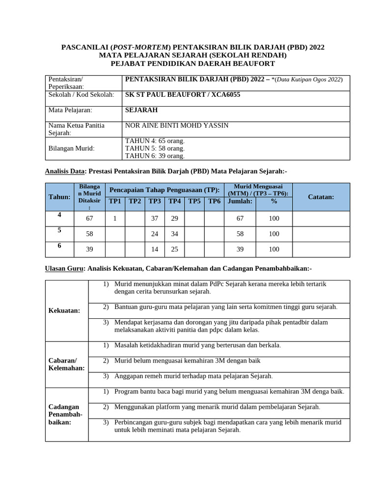 ST PAUL - Borang Pascanilai PBD (Sejarah Rendah) Ogos 2022 | PDF