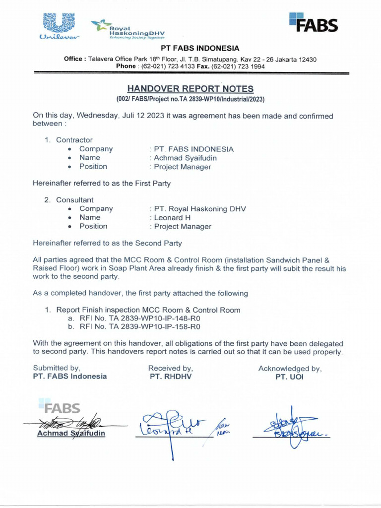 Hand Over Notes (Report Finish MCC Room & Control Room) | PDF