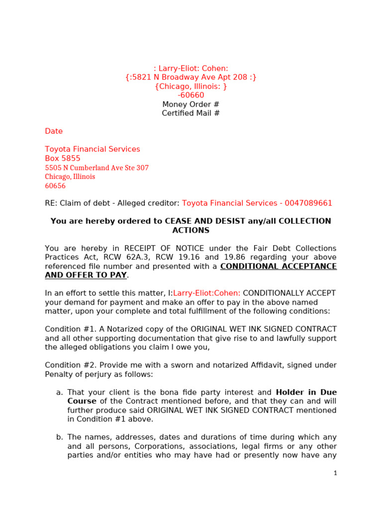 Alleged Debt Collector Conditional Acceptance Template | PDF