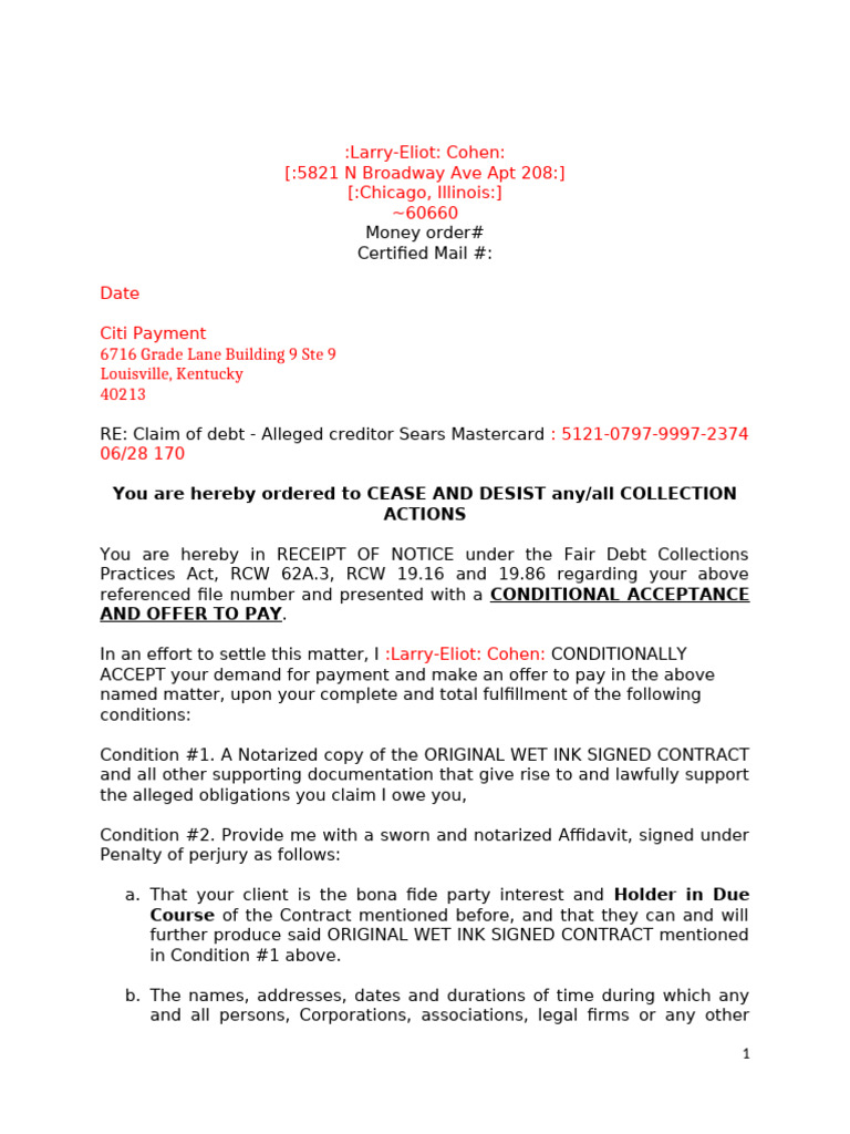 Alleged Debt Collector Conditional Acceptance Template 4 | PDF