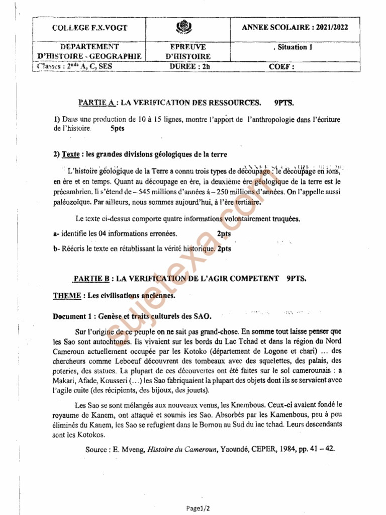 Epruve Histoire Seconde 1 | PDF