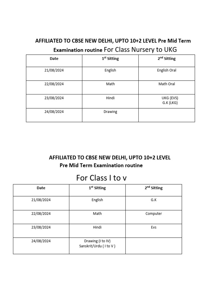 Pre Mid Term Time Table | PDF