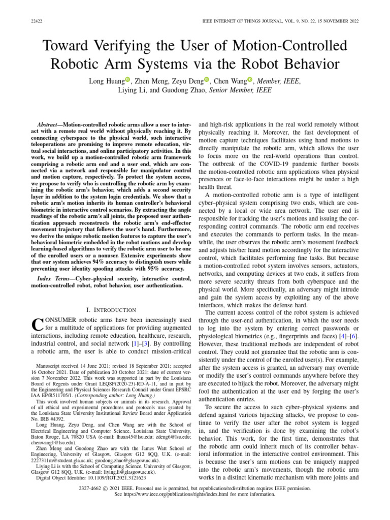 Toward Verifying The User of Motion-Controlled Robotic Arm Systems Via ...