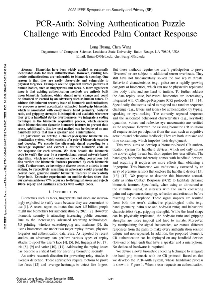 PCR-Auth Solving Authentication Puzzle Challenge With Encoded Palm Contact Response | PDF