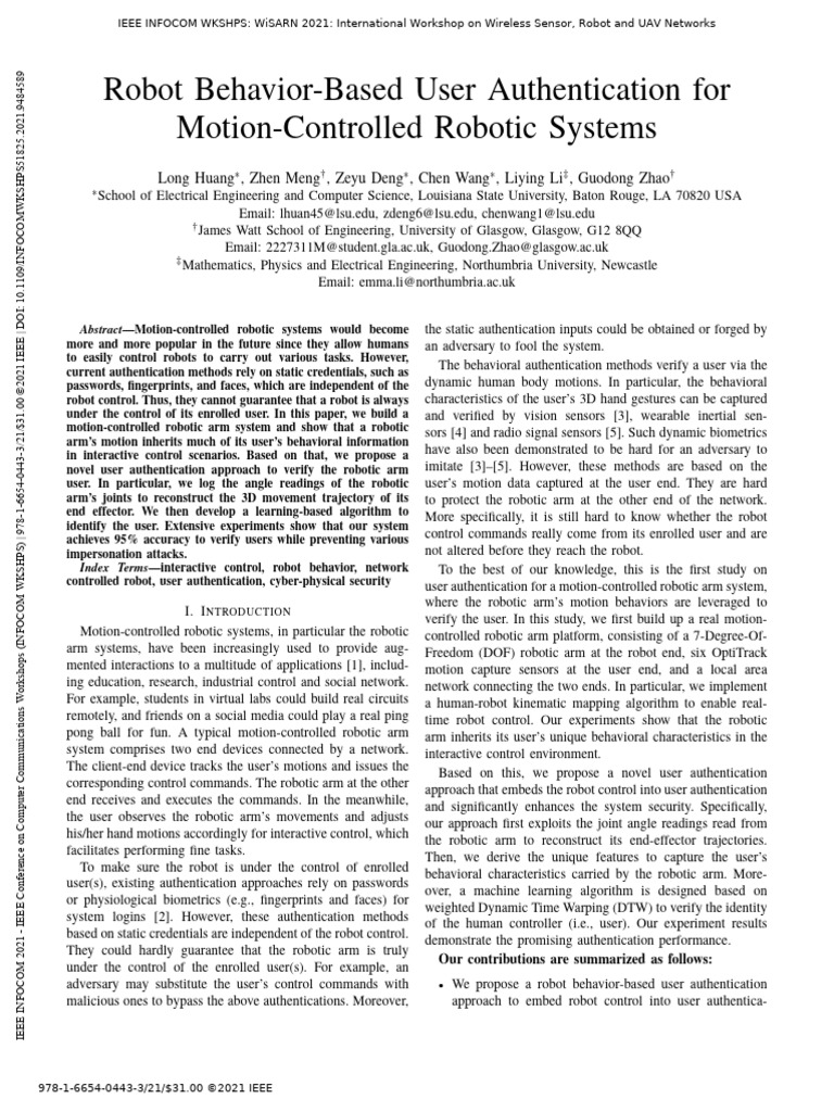 Robot Behavior-Based User Authentication For Motion-Controlled Robotic Systems | PDF | Robotics ...
