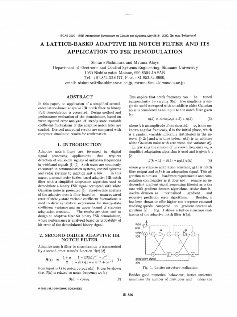 A Latticebased Adaptive Iir Notch Filter and Its Application To | PDF | Equalization (Audio ...