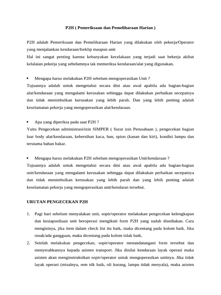 P2H (Pemeriksaan Dan Pemeliharaan Harian) | PDF