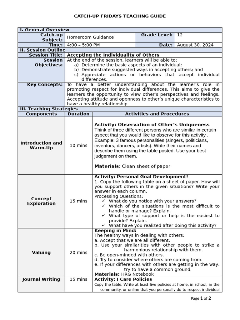 Teaching Guide Hrg Pdf Lesson Plan Career Growth