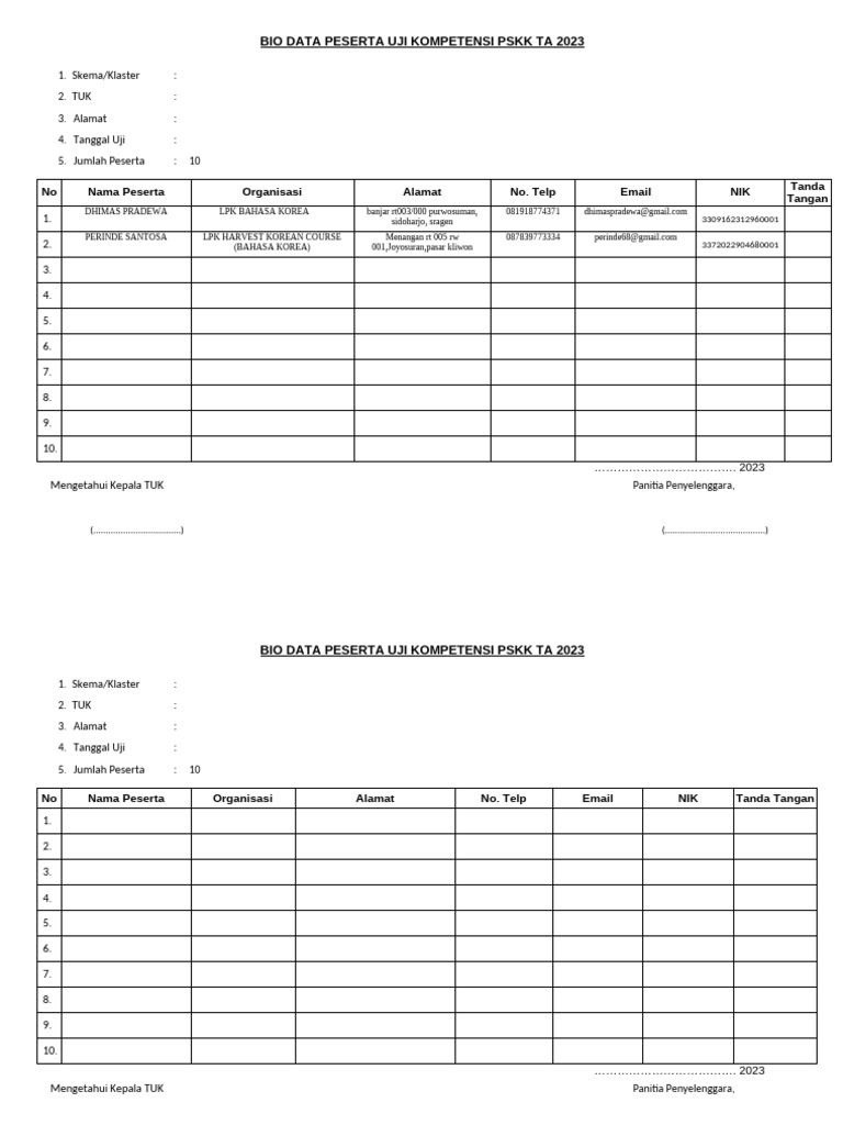 Biodata Peserta UJK PSKK 2023-1 | PDF
