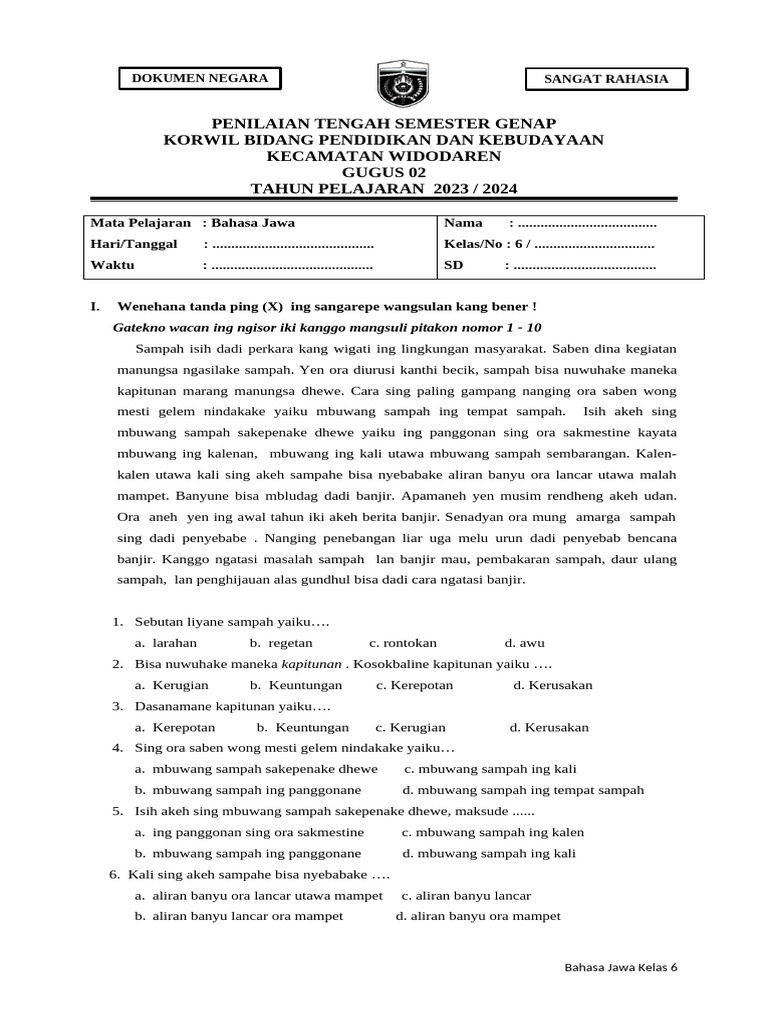 Bahasajawa STS KLS 6 | PDF | Java | Language Arts & Discipline