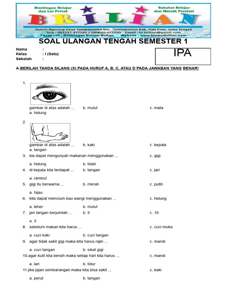 Soal UTS IPA Kelas 1 SD Semester 1 Ganjil Dan Kunci Jawaban WWW Bimbelbrilian Com | PDF