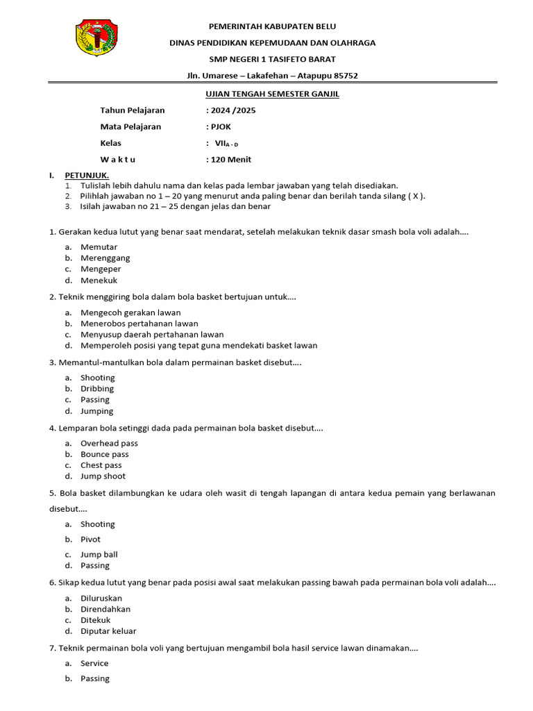 Soal Pjok Kelas 7 Semester 1 2024 | PDF