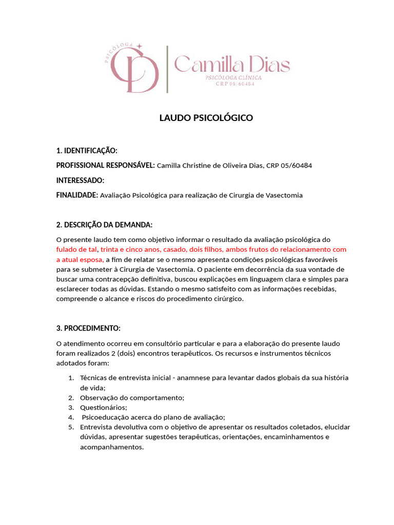 Laudo Psicológico Vasectomia | PDF