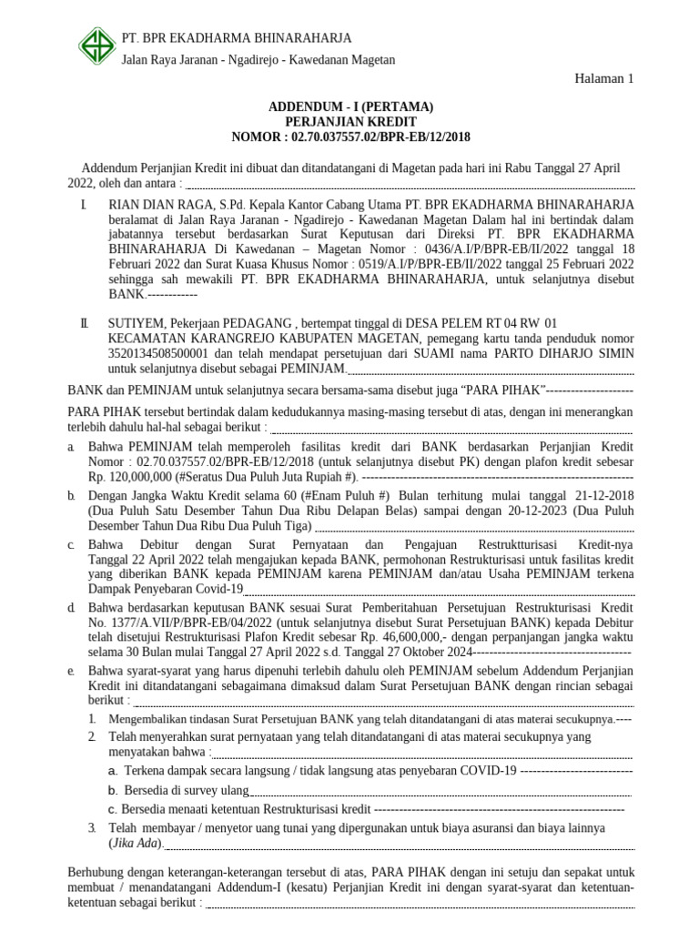 SPK Addendum Restruk Perjanjian Kredit | PDF