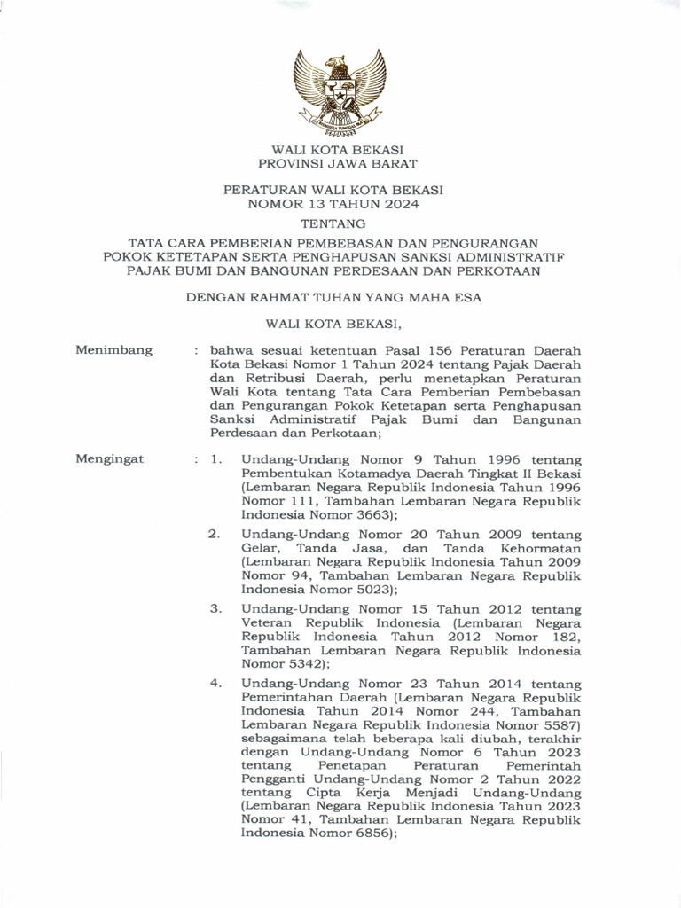 Perwal TNG Tata Cara Pemberian Pembebasan Dan Pengurangan Pokok Ok | PDF