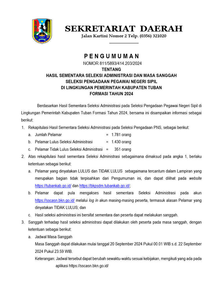 Pengumuman Seleksi Administrasi Dan Masa Sanggah Plus Lampiran Stempel | PDF