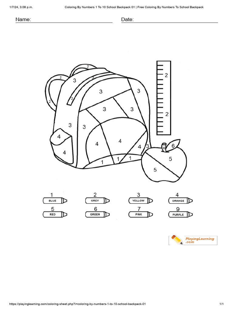 Coloring by Numbers 1 To 10 School Backpack 01 - Free Coloring by ...