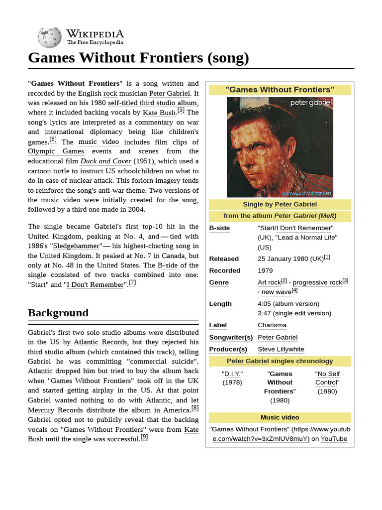 Games Without Frontiers (Song) | PDF
