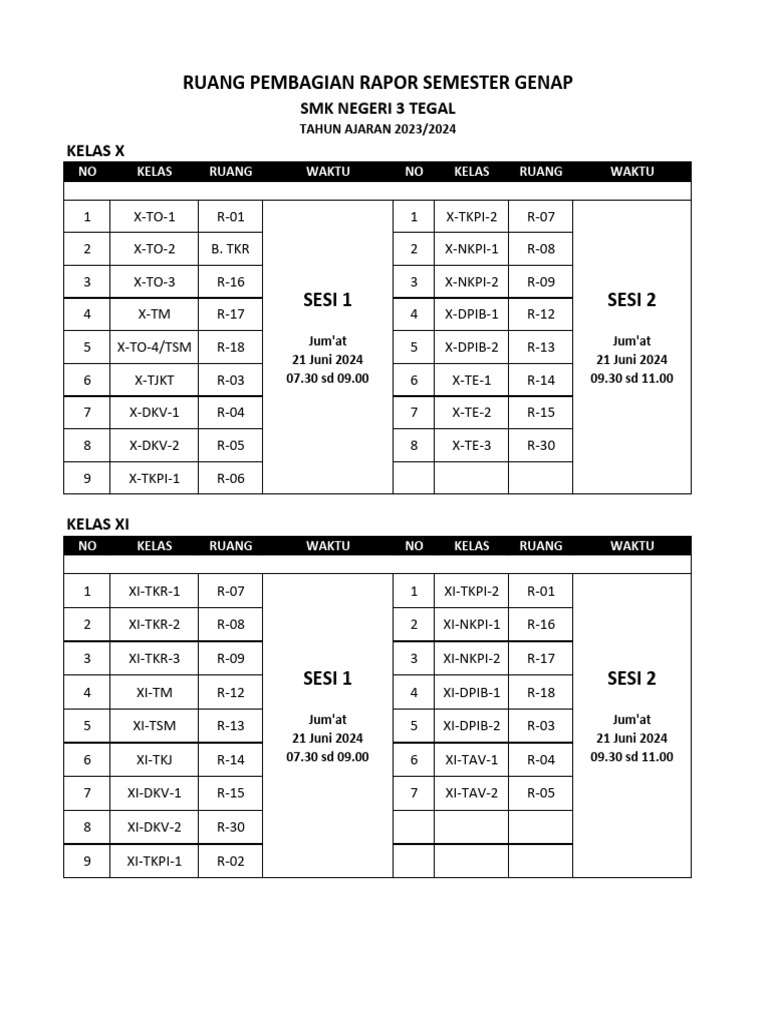 Ruang Pembagian Rapor Semester Genap: SMK Negeri 3 Tegal | PDF